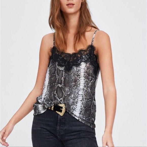 Zara | Tops | Zara Black Lace Trim Snake Print Tank Top | Poshmark
